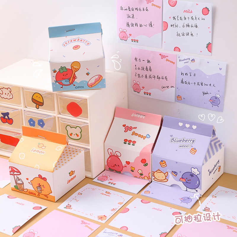 Milk carton shaped retractable notepad, 200 sheets, many cute designs ...