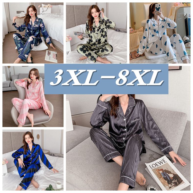 3XL-8XL Sleepwear Plus Size Silk Pajamas Women Comty Long Sleeves Sets ...