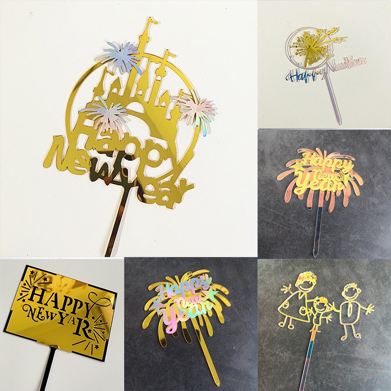 2024 Happy New Year Cake Set Topper Golden Fireworks Happy Family ...