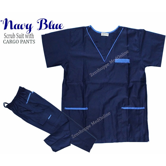 Scrub Suit Set with Piping & Cargo Pants (Navy Blue) [LCC] | Shopee ...