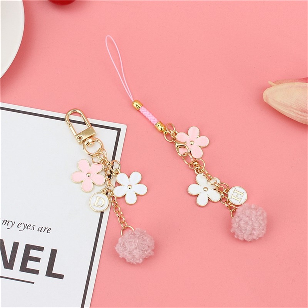 Fashion Pink Flower Plush Ball Pendant Keychain Letter Metal Keyring ...