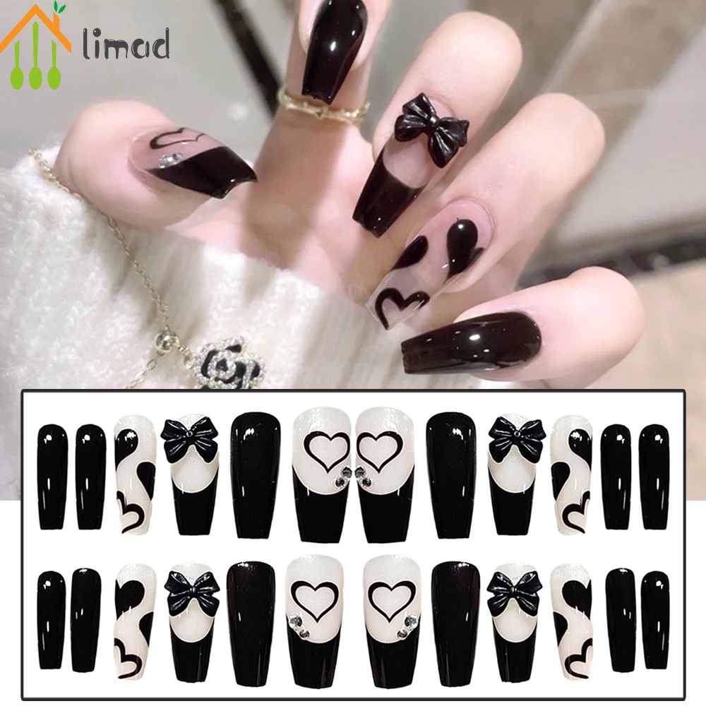 24PCS Long Press on Nails Cute Black Bow Design Fake Nails Full ...