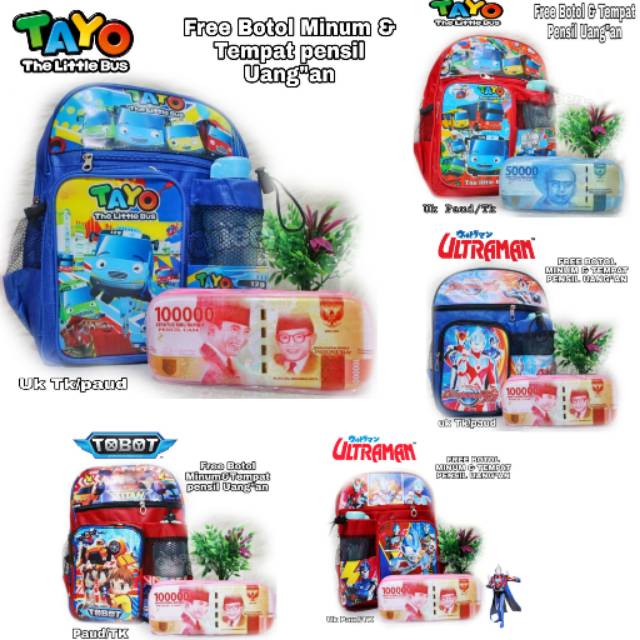Kindergarten paud Backpack Free Drinking Bottle tayo ultraman robot ...