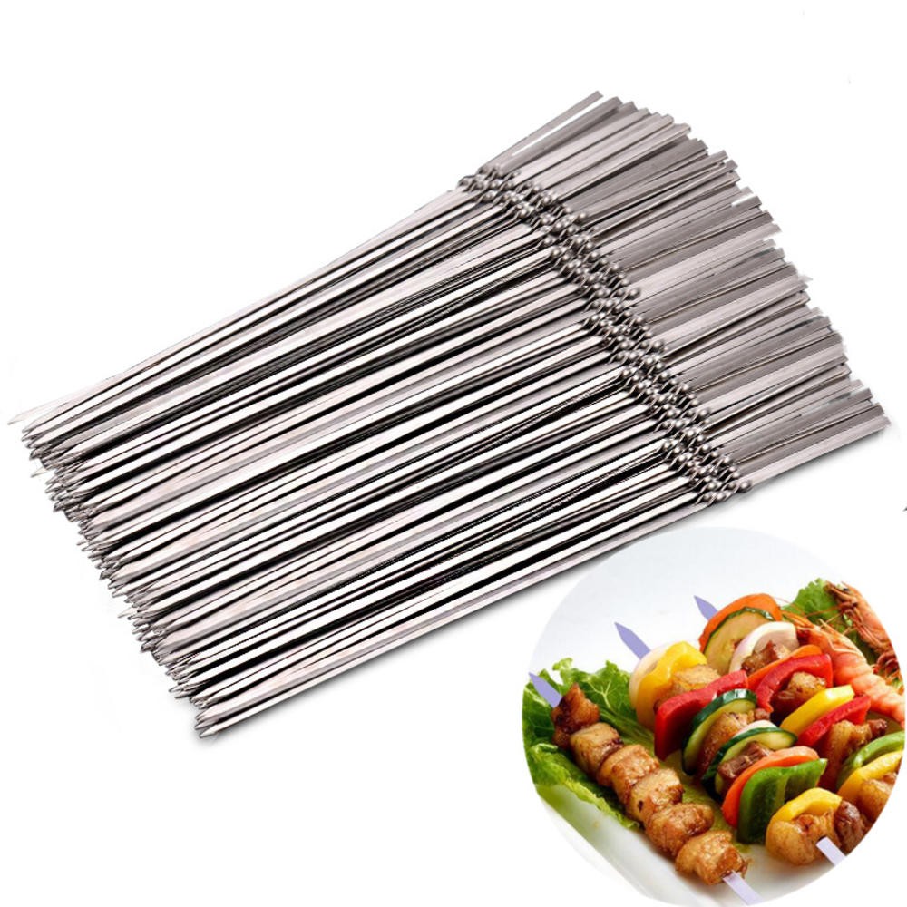 10pcs Reusable Flat Stainless Steel Barbecue Skewers BBQ Needle Stick ...