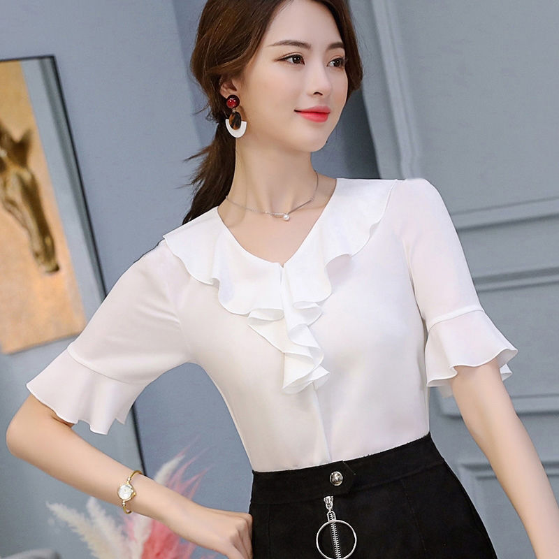 short sleeve white formal blouse for women plus size,Chiffon V-Neck ...