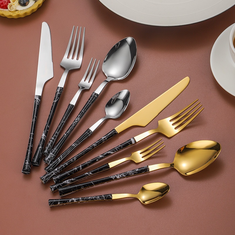 Long Handle Spoon Fork Set Stainless Steel Wooden Handle Cutlery Marble ...