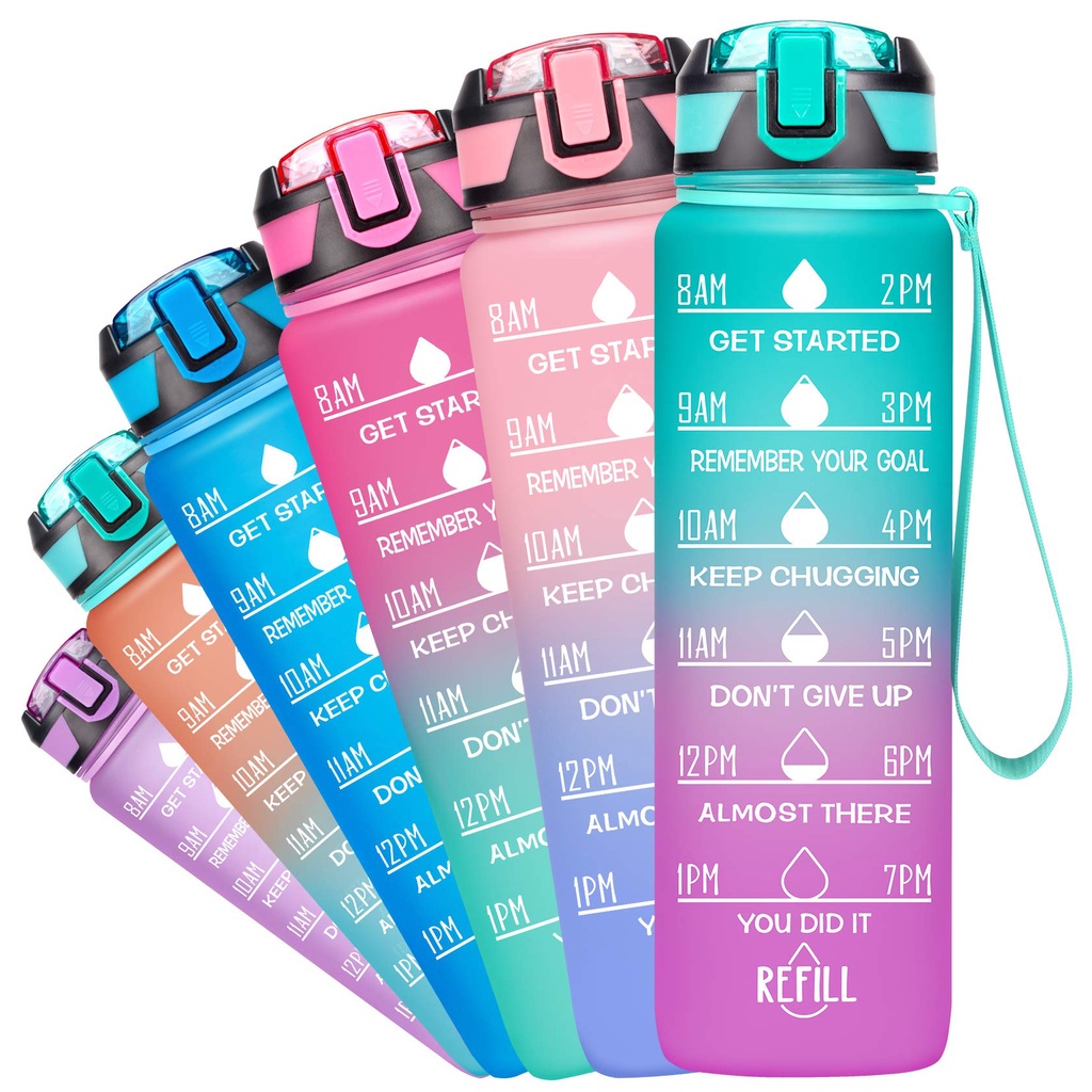Shilily 1L Motivational Water Bottle with Time Marker & Straw-BPA Free Locking Flip-Flop Lid ...