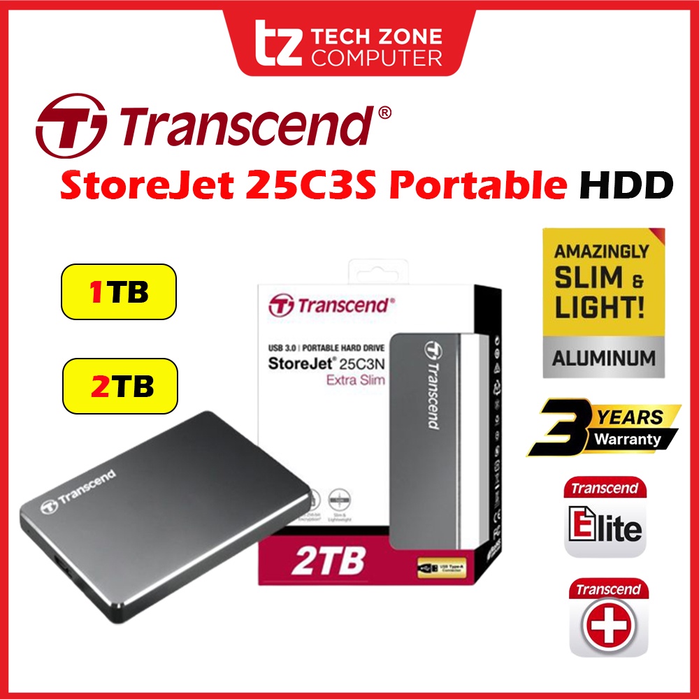 Transcend StoreJet 25C3N USB 3.1 Portable HDD ( 1TB / 2TB ) Aluminum ...