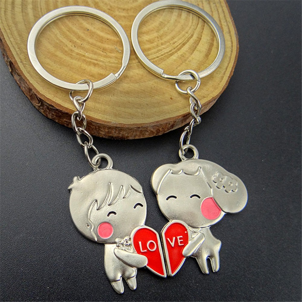 2pcs Cute Metal Cartoon Doll Heart Keychain Romantic Love Letter Couple ...