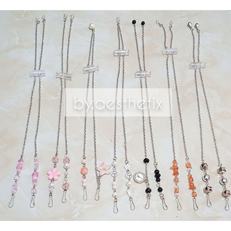 HITAM 2in1 crystal hijab mask connector/black chain mask strap/chain connector/crystal connector ...