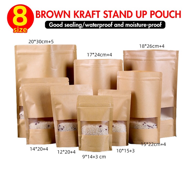100pcs Brown Kraft Stand Up Pouch Plastic Paper Bag Packaging with ...