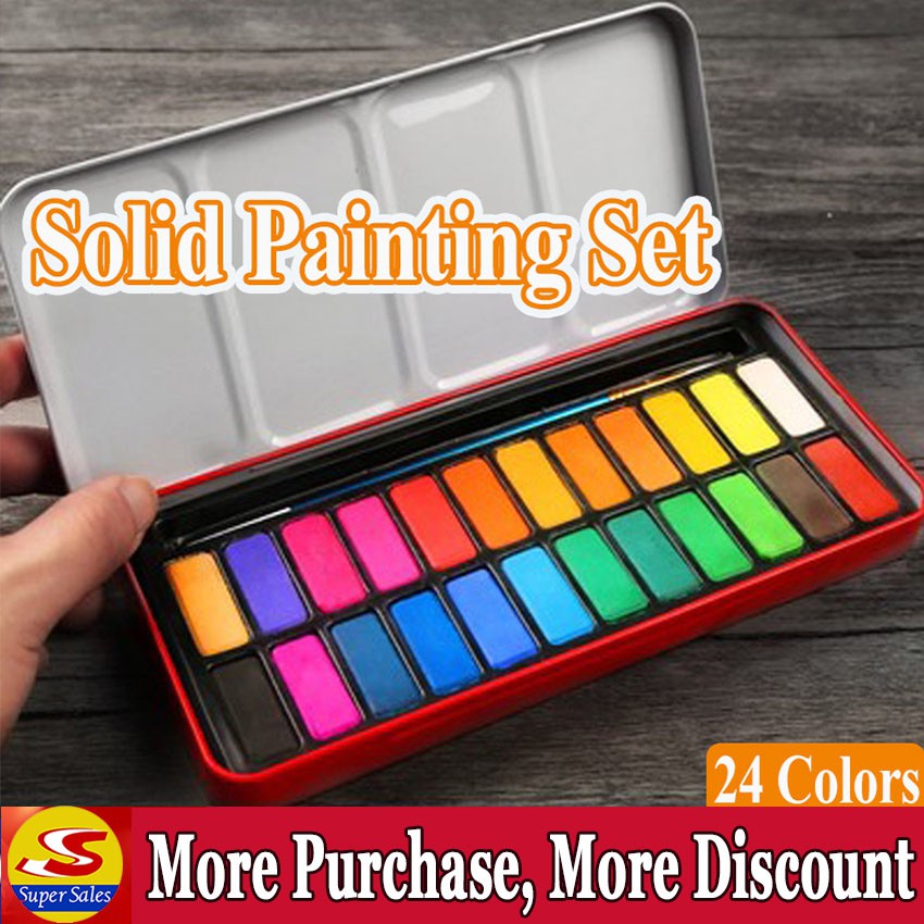 【SuperSales】24 Colors Solid Watercolor Paint Set With Brush Pen Iron Box Watercolors Art ...