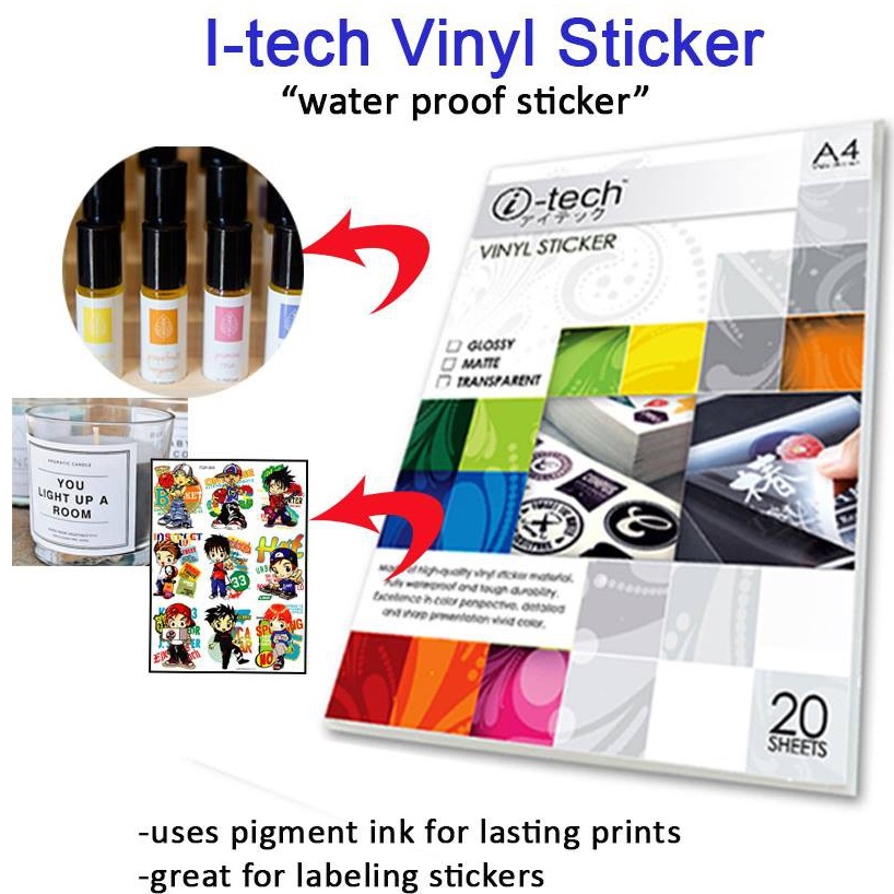 Itech Waterproof Printable Vinyl Sticker 20 Sheets/Pack A4 Size for Inkjet Printer DYE INK ...