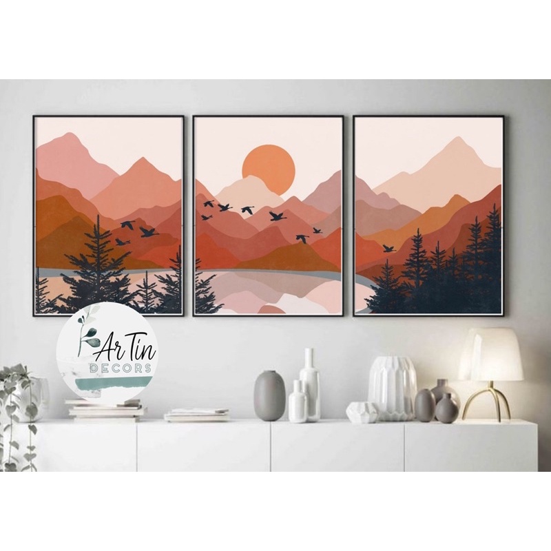 Mountain Scene Home Decor / Sunset Wall Decor Sun Frame / Trees Decor ...