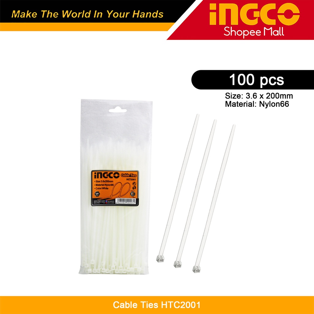 Ingco 100Pcs Nylon Cable Zip Tie White 200mm HCT2001 Iht | Shopee ...