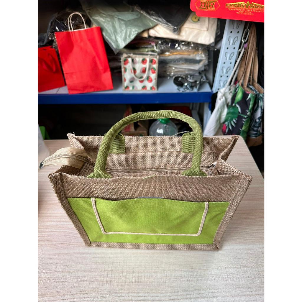 Abaca Tote Bag Linen Jute Burlap Shoulder Bag Plain Design With Pocket ...