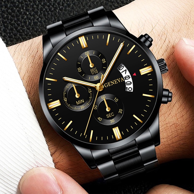 Original GENEVA Classic Black Stainless Steel Watch Men Automatic ...