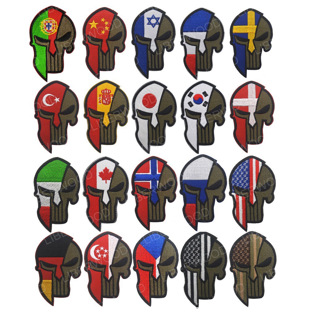 PUNISHER SPARTAN Skull HELMET RUSSIA AMERICAN Israel Canada Spanish Czech German Flag Patch ...