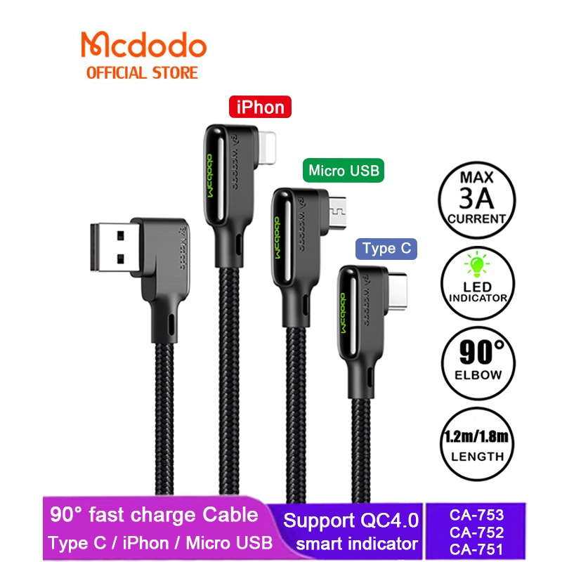 Mcdodo 90° fast charge Cable Support QC4.0 IOS/ Micro USB/Type C smart ...