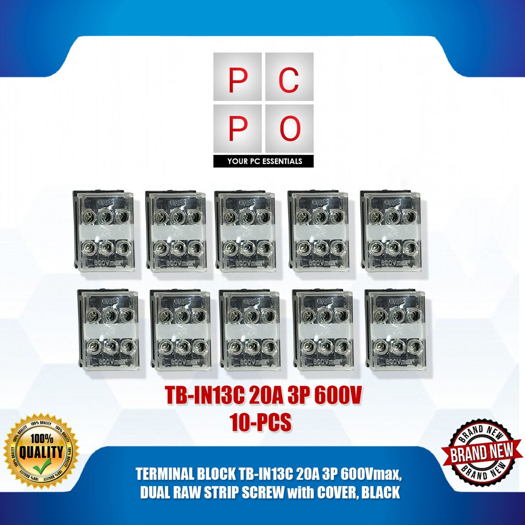 TERMINAL BLOCK TB-IN13C 20A 3P 600Vmax, DUAL RAW STRIP SCREW with COVER ...