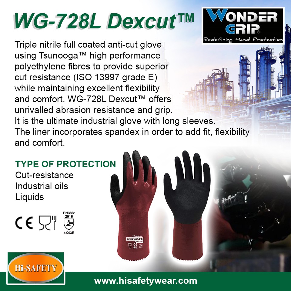WONDER GRIP WG-728L Dexcut Anti-Cut Safety Gloves / Triple Nitrile Full ...