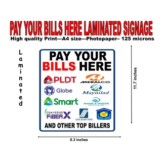 PAY YOUR BILLS HERE LAMINATED SIGNAGE A4 SIZE | Shopee Philippines