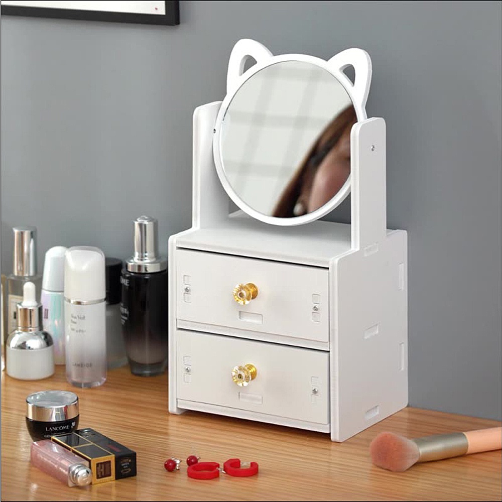 Cat Ear Makeup Mirror With Jewelry Compartment Drawer Cosmetic ...