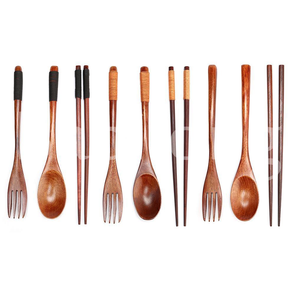 BABI Vintage Portable Wood Chopsticks Fork Spoon Tableware Cutlery Set ...