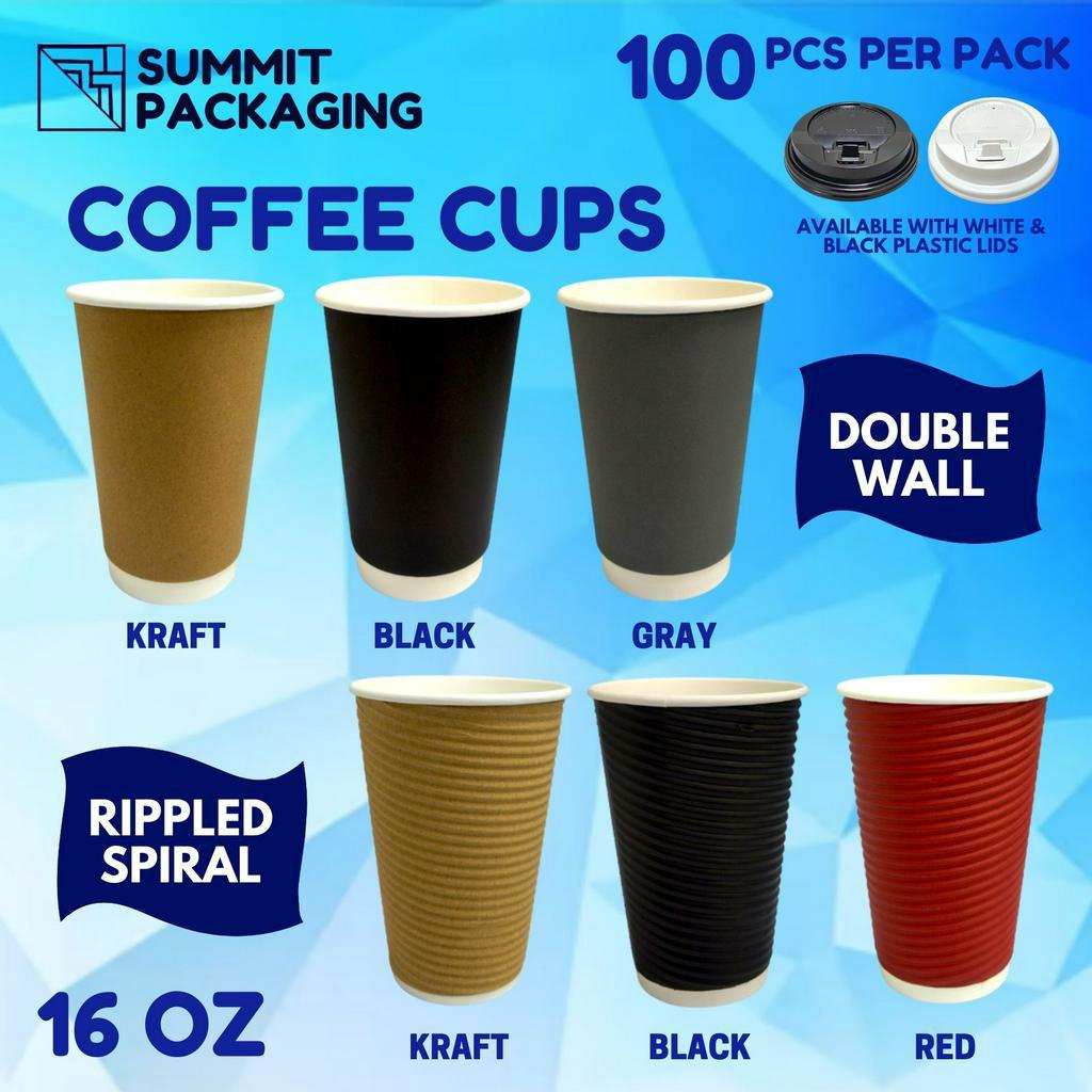 (100pcs) - Double Wall or Rippled Coffee Cup 16oz (Black | Gray | Kraft ...