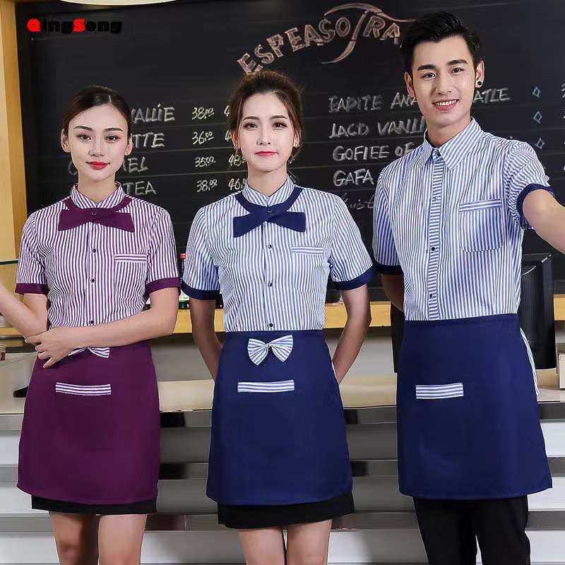 Short Sleeve Unisex waiter uniform+ apron restaurant workwear chef ...