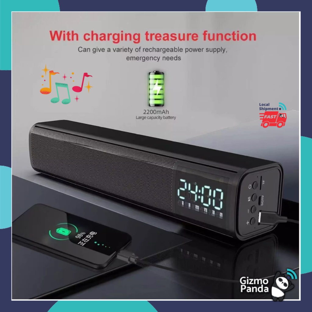 Bluetooth Soundbar AUX Speaker Rechargeable with Clock Alarm Clock ...