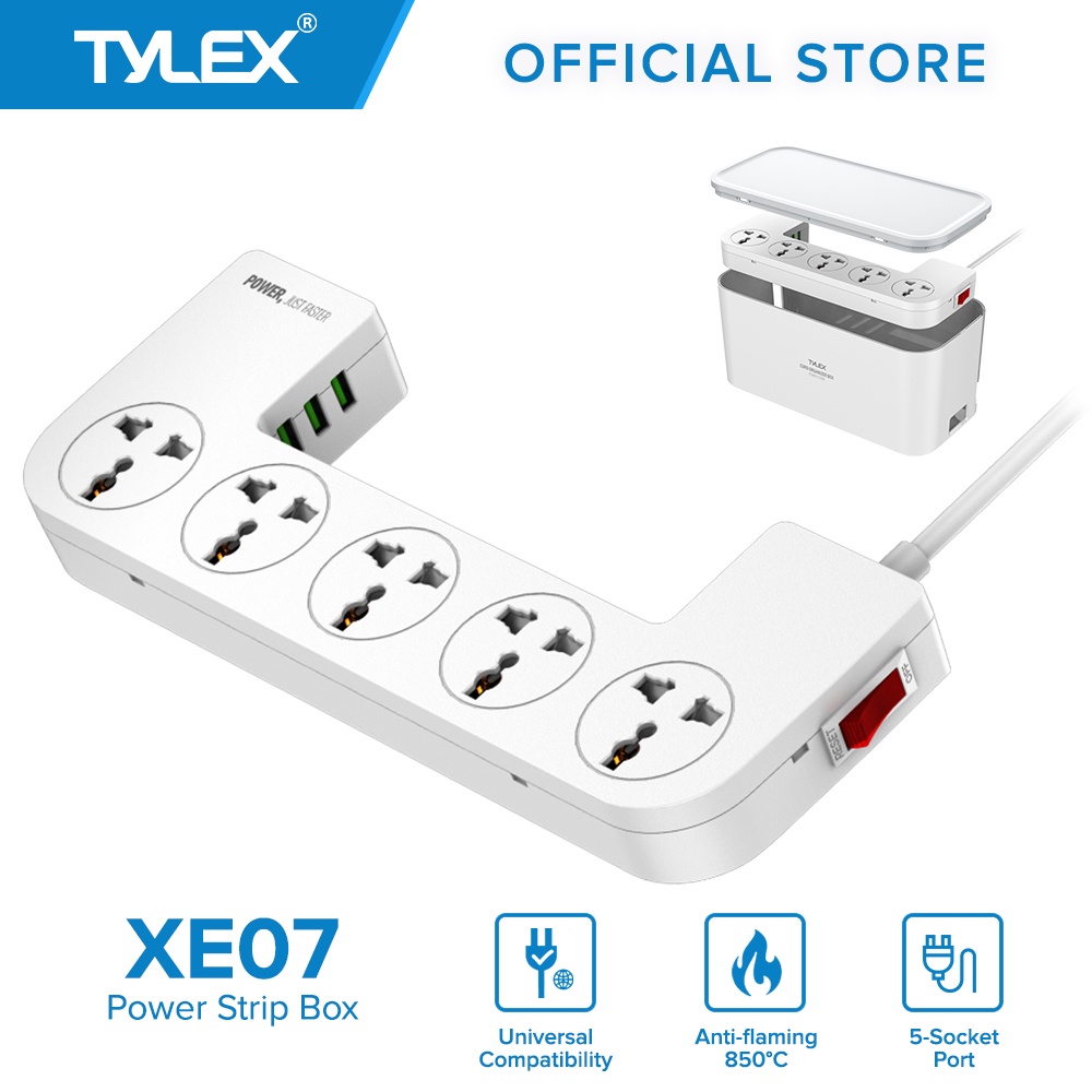 Tylex XE07 Power Strip Box 5 Universal Socket Port + 3 USB Charging ...