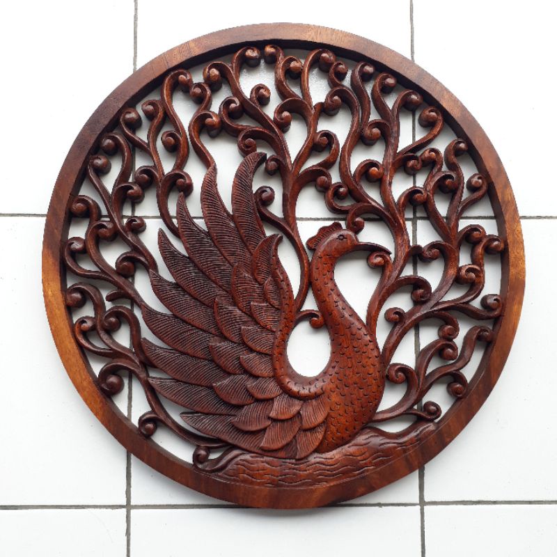 KAYU Round Balinese Carved Wooden Wall Display With Peacock motif ...