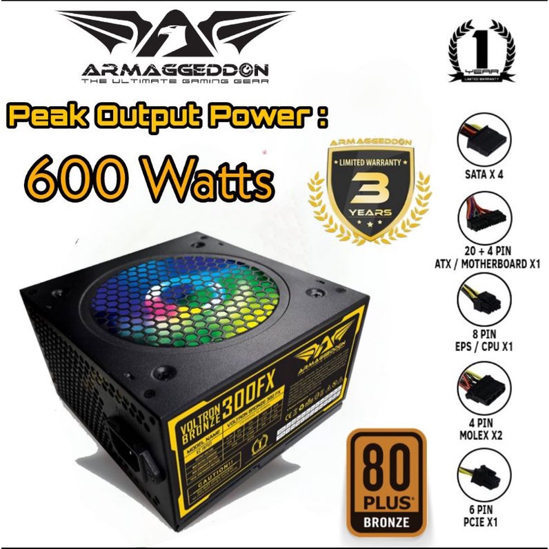 Power Supply Armaggeddon 300FX Voltron Bronze 80+ Pure Power 300W PSU Gaming Official Warranty ...