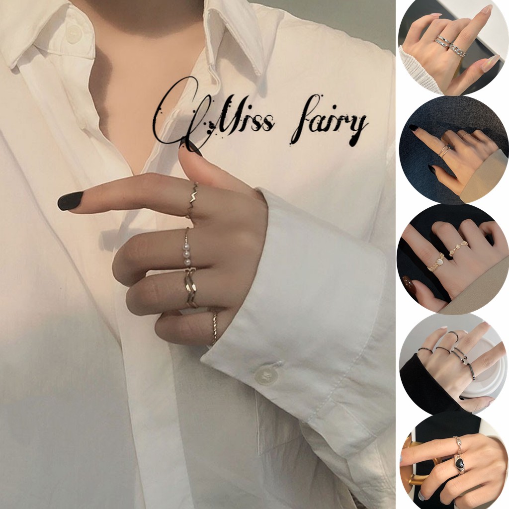 【Miss Fairy】Minimalist Ring Set Korean Style Wave ring stopper Golden ...
