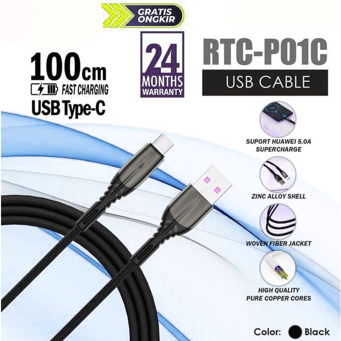 HITAM Recci 100CM 5A Fiber Jacket + Zinc Alloy RTC-P01C TYPE-C USB Cable Black | Shopee Philippines