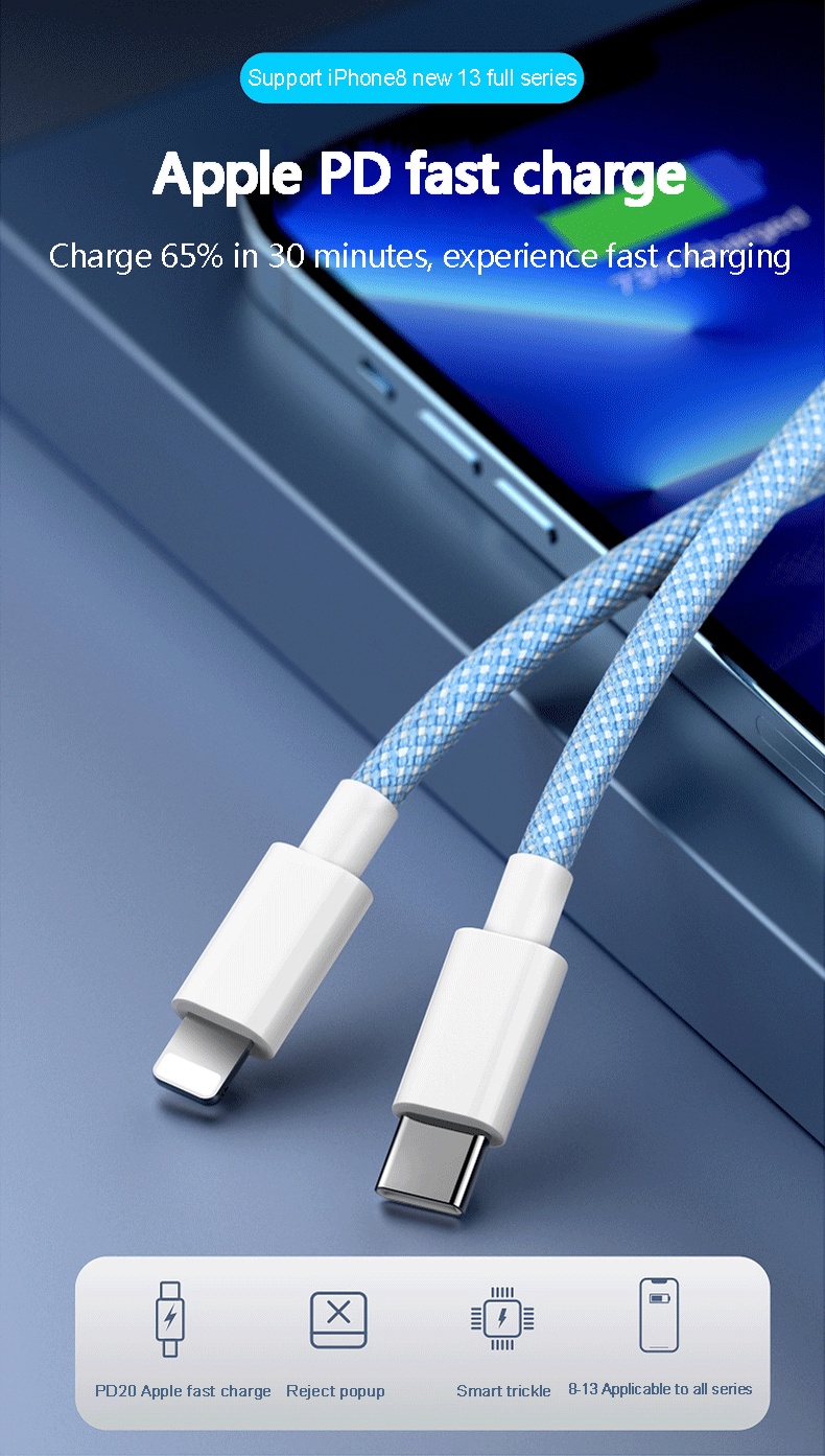 PD 20W USB Cable for iPhone Type C To 8-Pin Charger Fast Charging Cable for iPhone 13 Pro Max ...