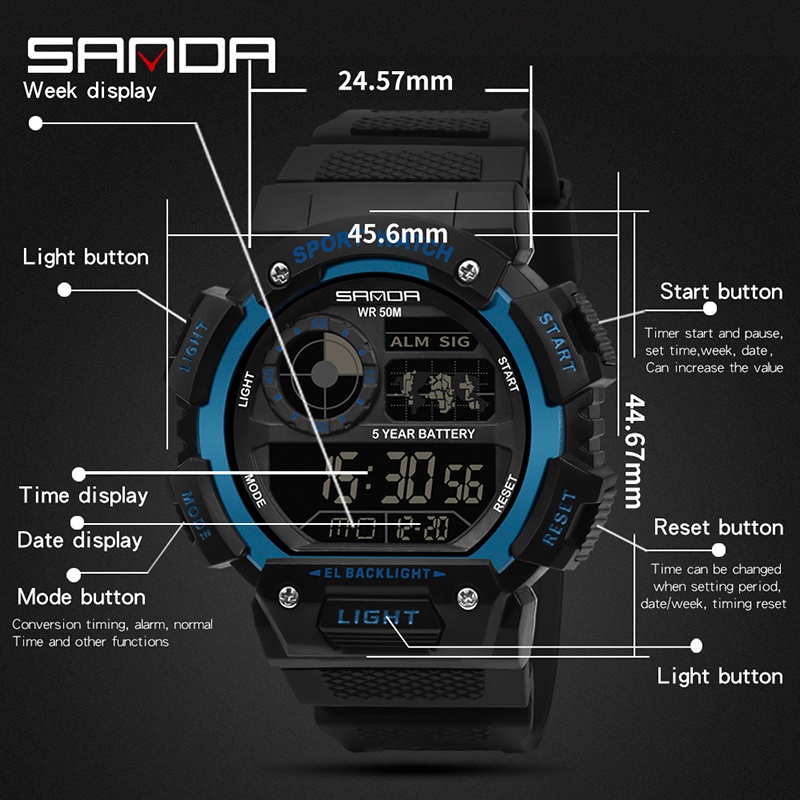 SANDA Men Watch Waterproof Sports Digital Couple Watch LED Display ...