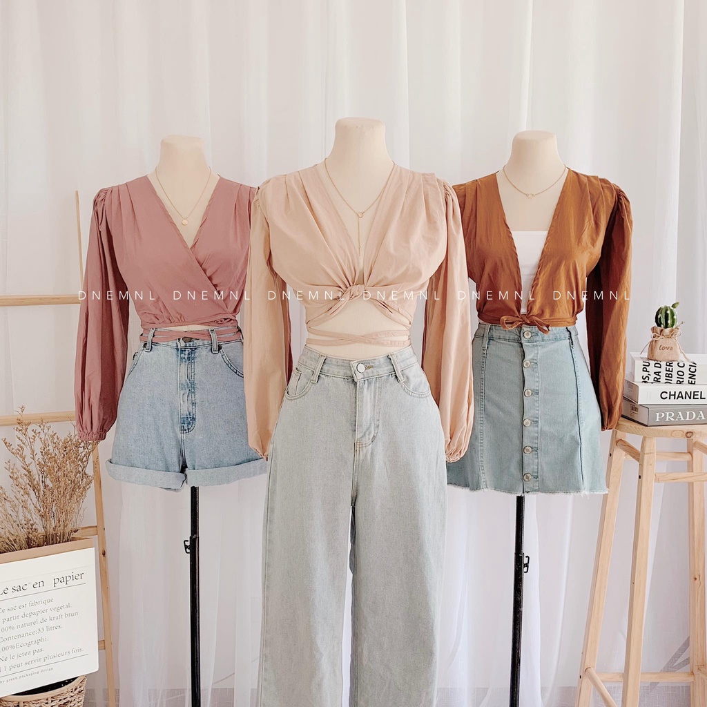 Dnemnlph Clara Longsleeves Wrap Tie Top Trendy Korean Inspired Fashion