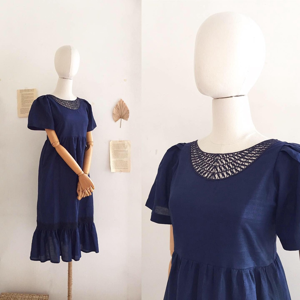 1658/7 Lace-Trimmed Flare Sleeve Midi Dress in Navy Blue | Shopee ...