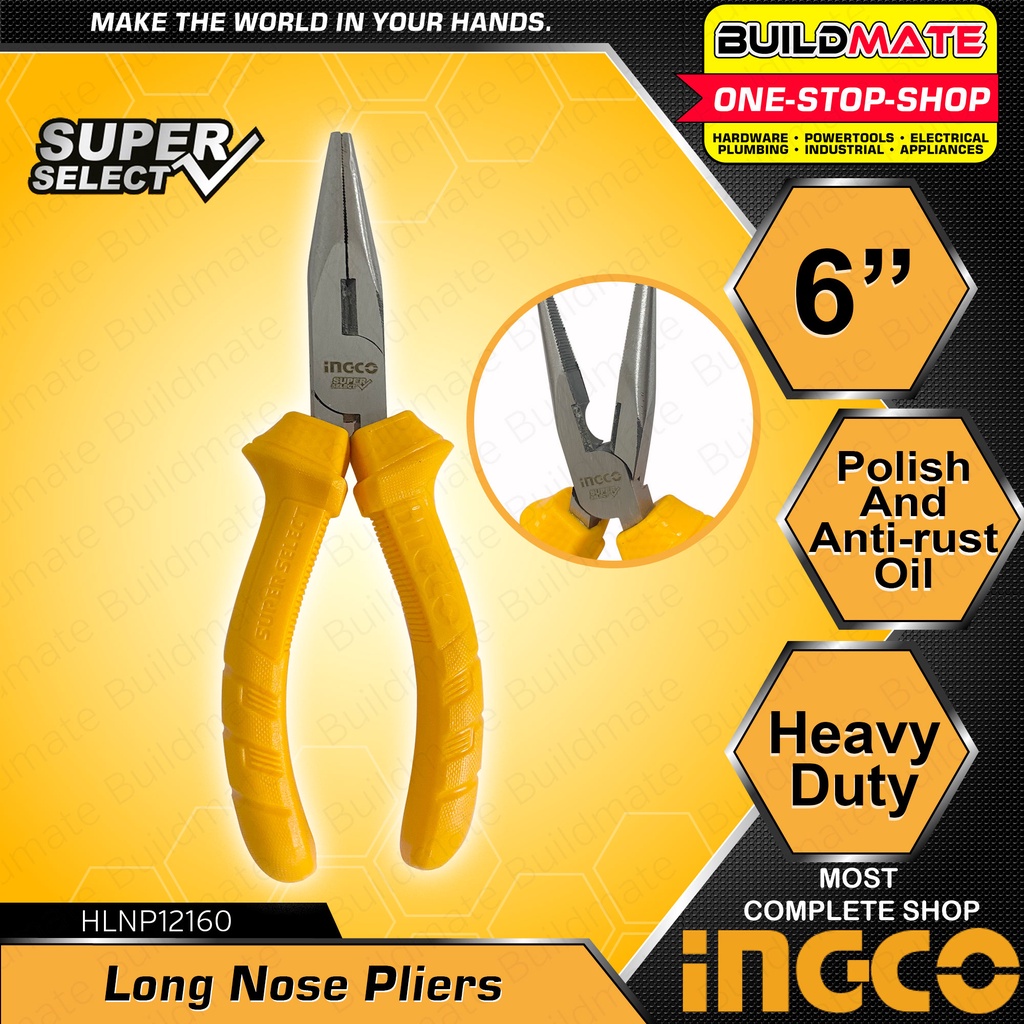 BUILDMATE Ingco 6" Inch Long Nose Pliers Needle Flat Wire Cutter Hand ...