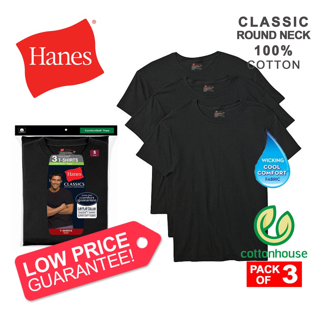 3 pcs Hanes Classic Round Neck 100% Cotton Black Color | Shopee Philippines