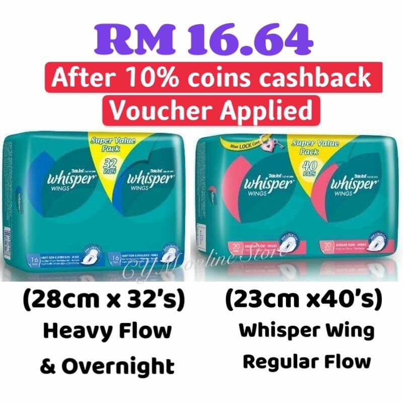 Whisper Wing Regular Flow / Heavy Flow & Overnight (23cm x 40's) (28cm ...