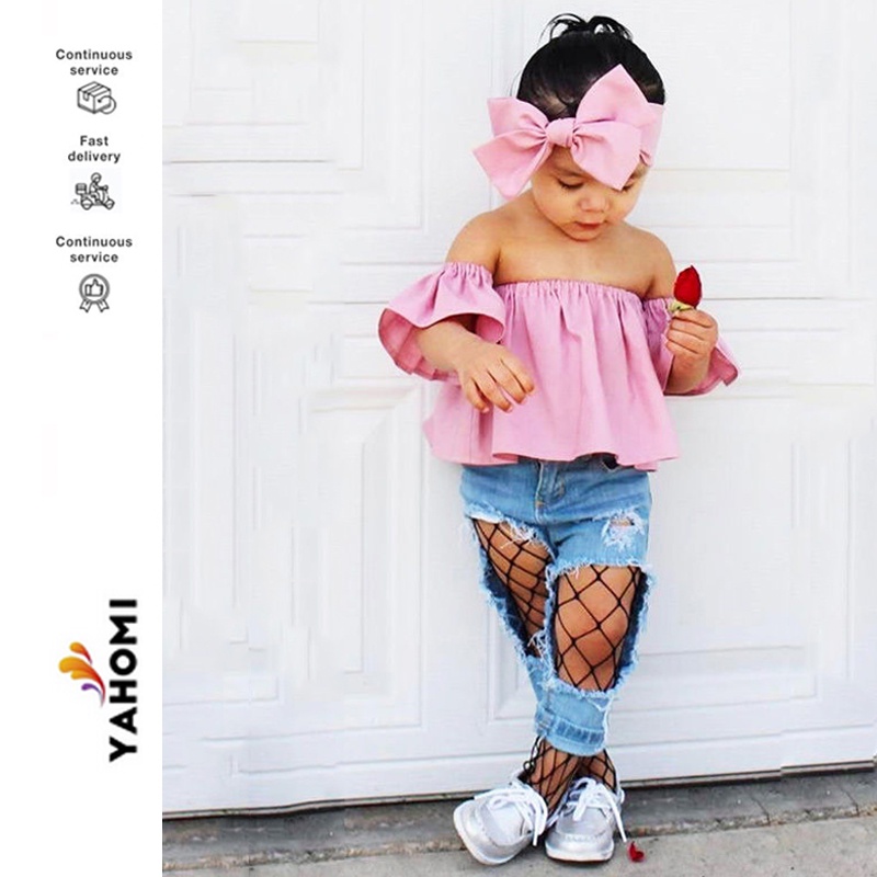 【ZXT】Ootd For Kids Girl，Kids Baby Girl Off Shoulder Crop Top Denim ...