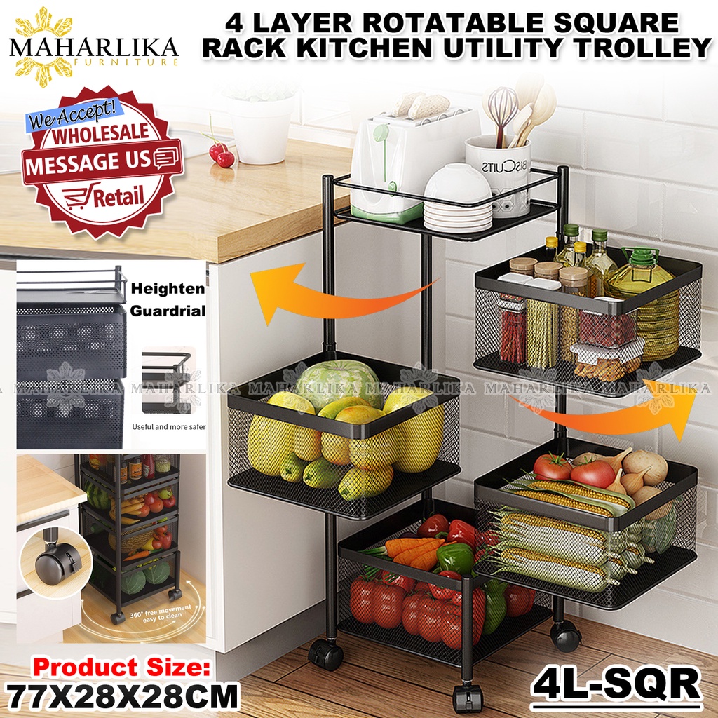 Maharlika 5L-SQR 4 5 Layer Rotatable Kitchen Utility Trolley Cart Shelf ...