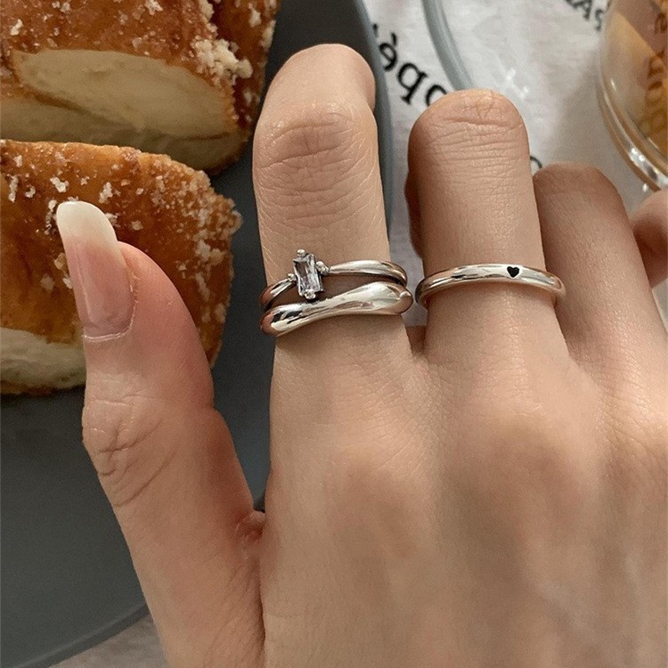 Ring S925 Silver Simple Double Layer Square Diamond Female Retro ...