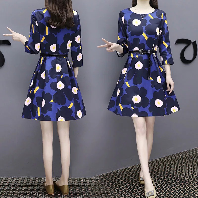 korean blue floral dress w/belt | Shopee Philippines