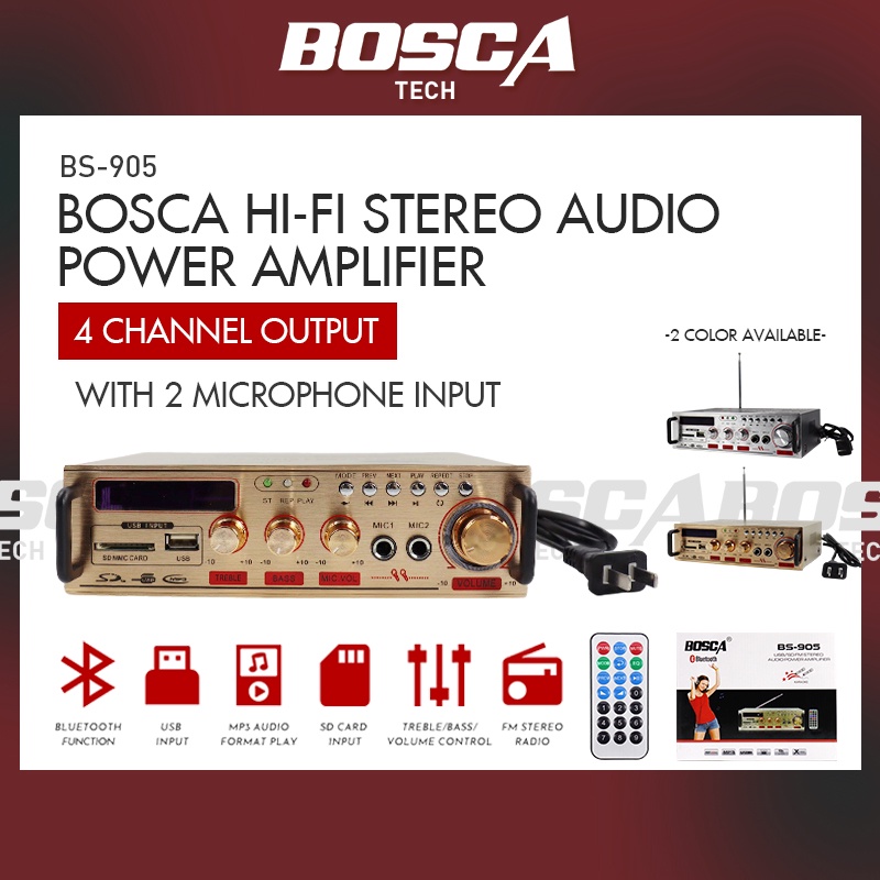 BOSCA Hi-Fi Stereo Audio Power Amplifier 4 Channel output with Bluetooth BS-905 USBSD FM 2 mic ...