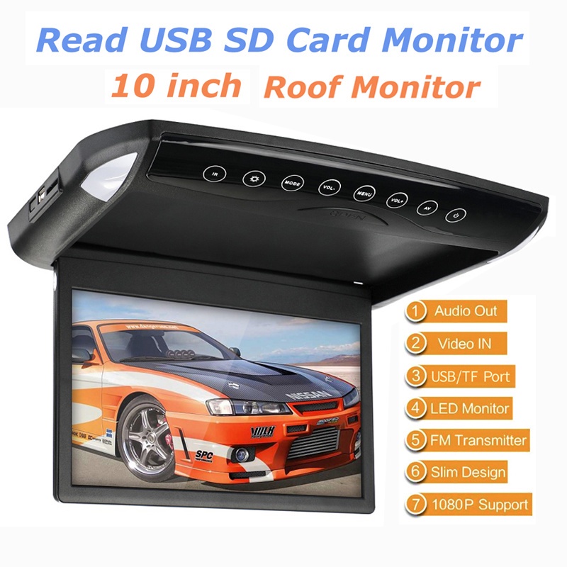Ultra Thin 10.1'' 1080P Car Monitor Roof Ceiling Mount Flip Down TFT ...
