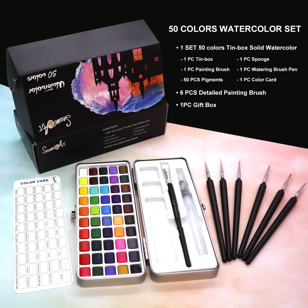 【In Stock】50 Colors Solid Watercolor Gift Set with 6Pcs Detail Painting ...